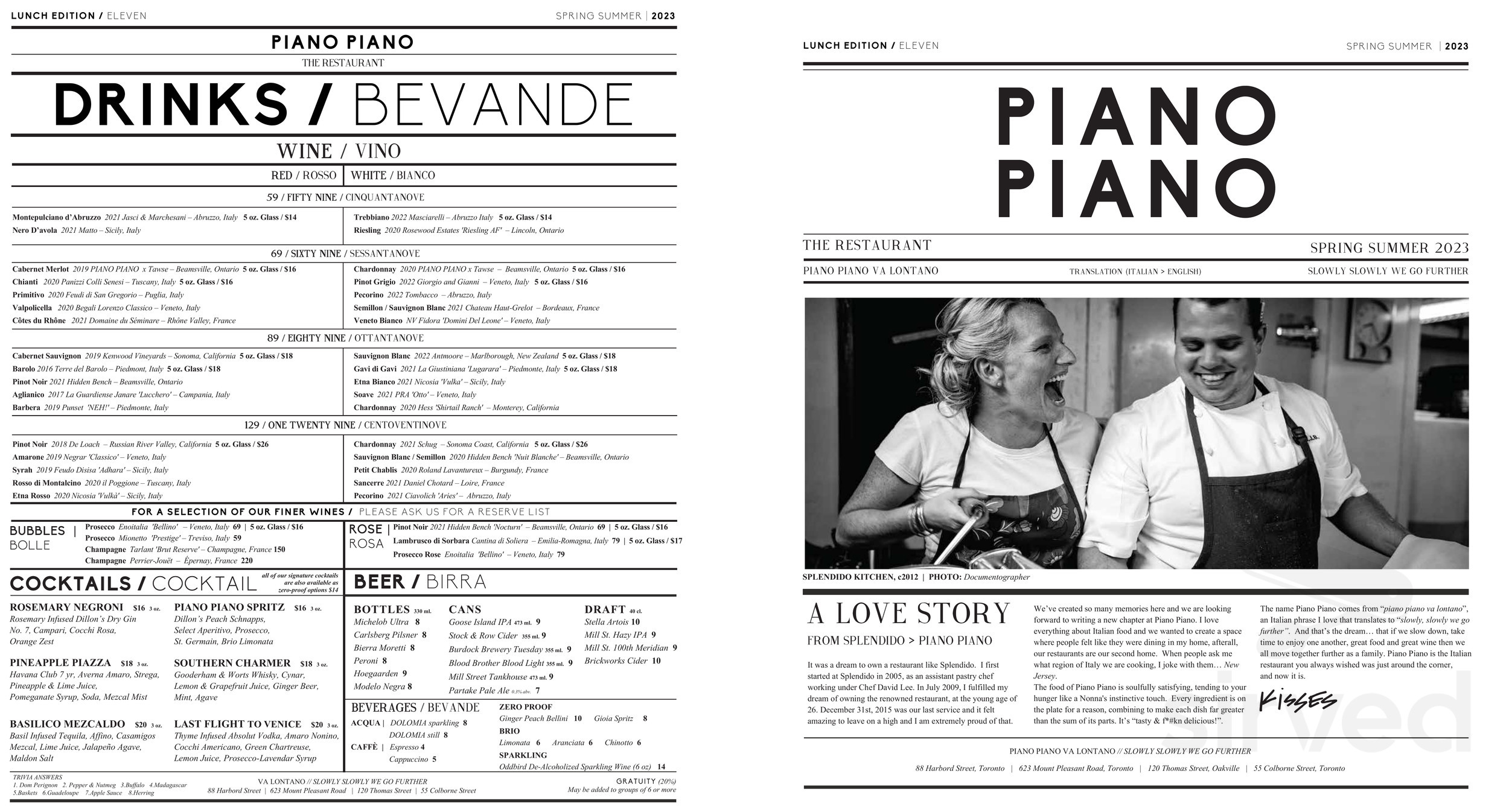 Piano Piano Restaurant menus in Oakville, Ontario, Canada