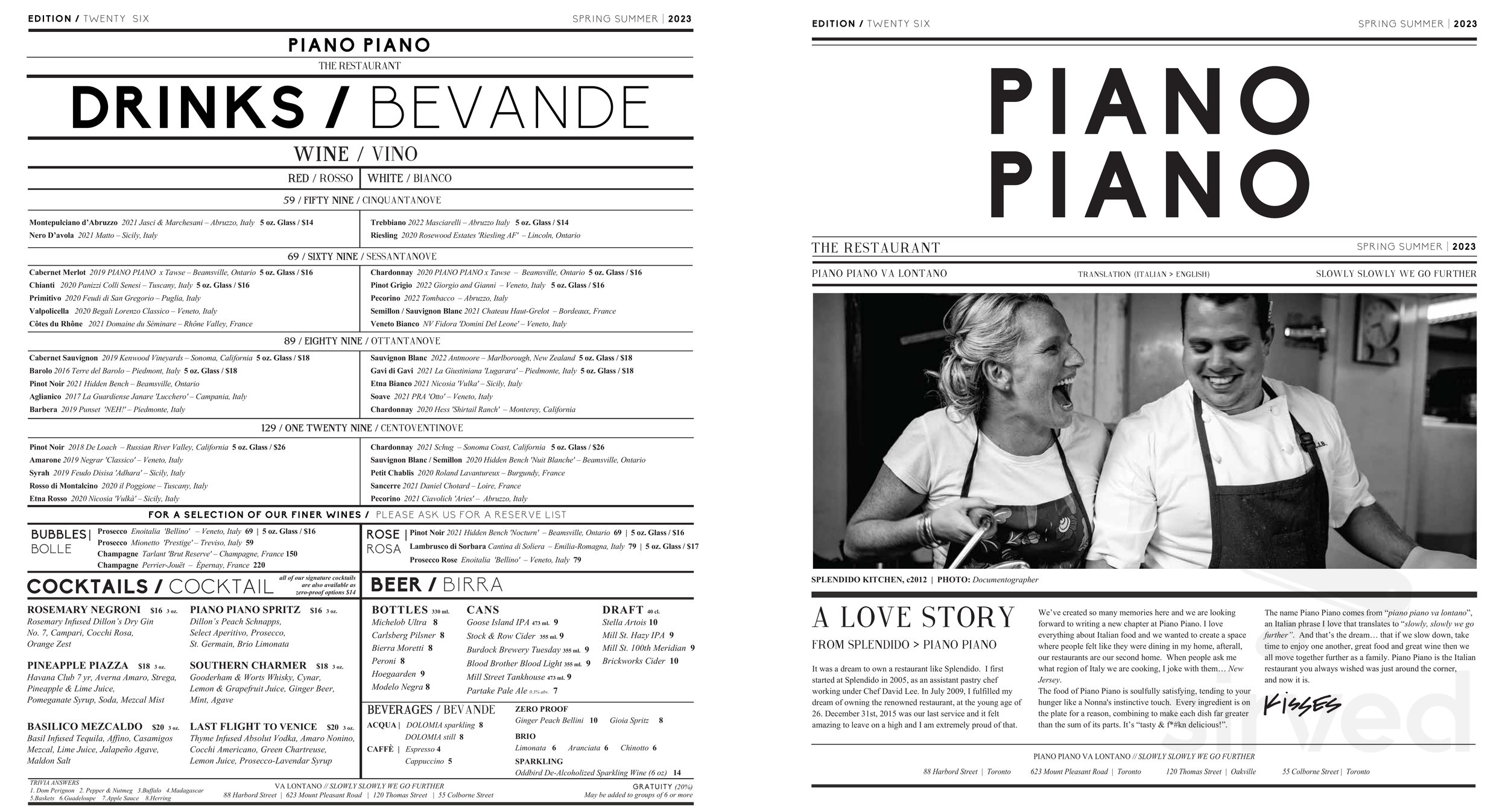 Piano Piano Restaurant menu in Oakville, Ontario, Canada