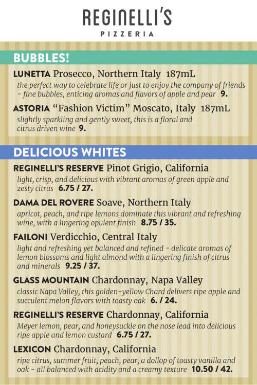 Reginelli's Pizzeria menu in New Orleans, Louisiana, USA