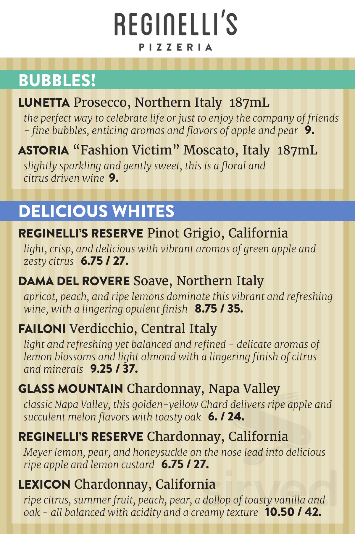 Reginelli's Pizzeria menu in Gretna, Louisiana, USA