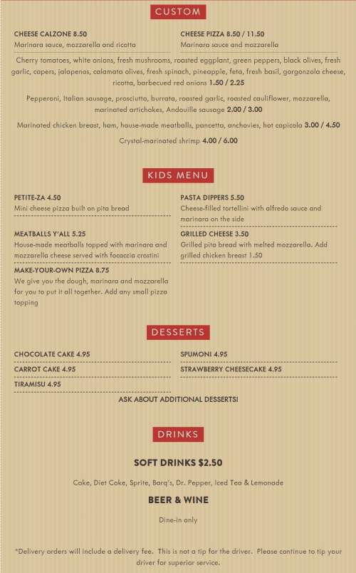 Reginelli's Pizzeria menu in New Orleans, Louisiana, USA