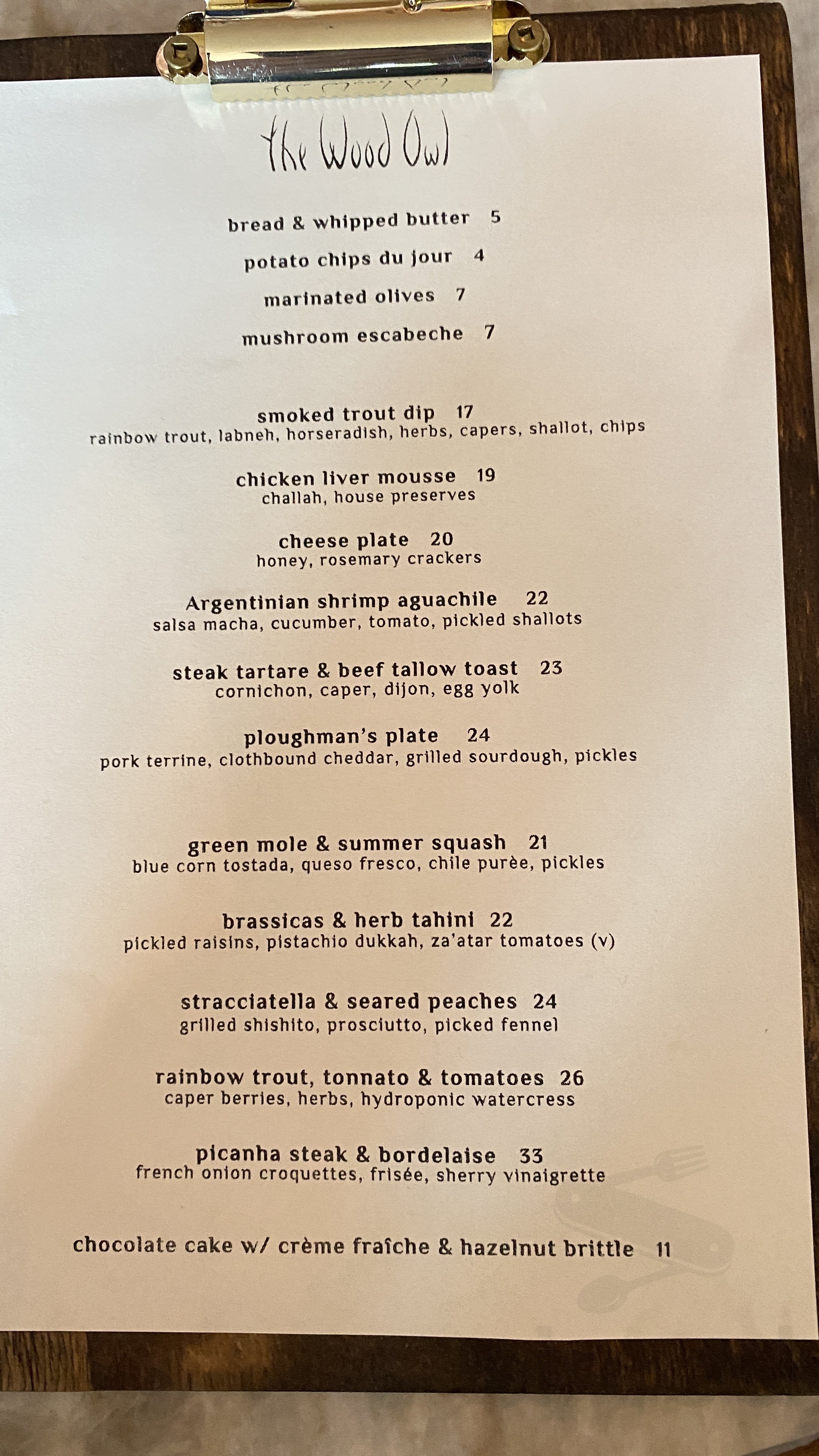 The Wood Owl menu in Toronto, Ontario, Canada