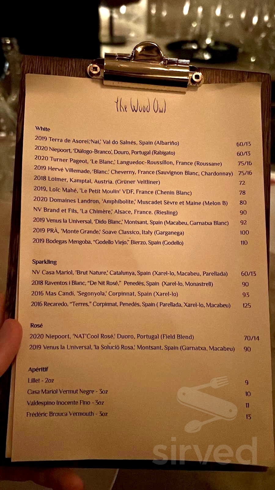 The Wood Owl menu in Toronto, Ontario, Canada