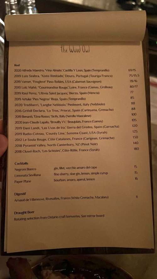 The Wood Owl menu in Toronto, Ontario, Canada