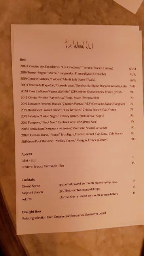 The Wood Owl menu in Toronto, Ontario, Canada