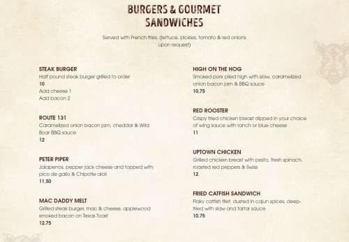 Wild Boar Tavern menu in Knoxville, Tennessee, USA