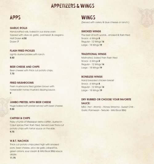 Wild Boar Tavern menu in Knoxville, Tennessee, USA