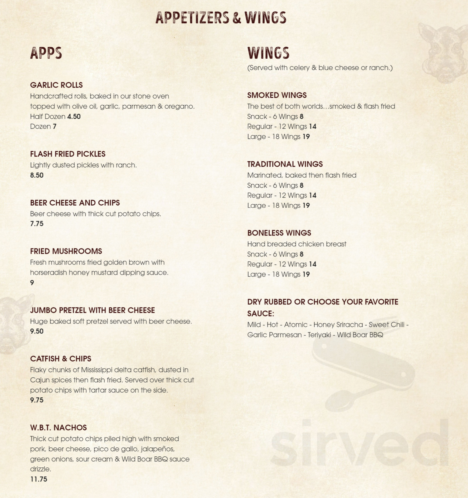 Wild Boar Tavern menu in Knoxville, Tennessee, USA