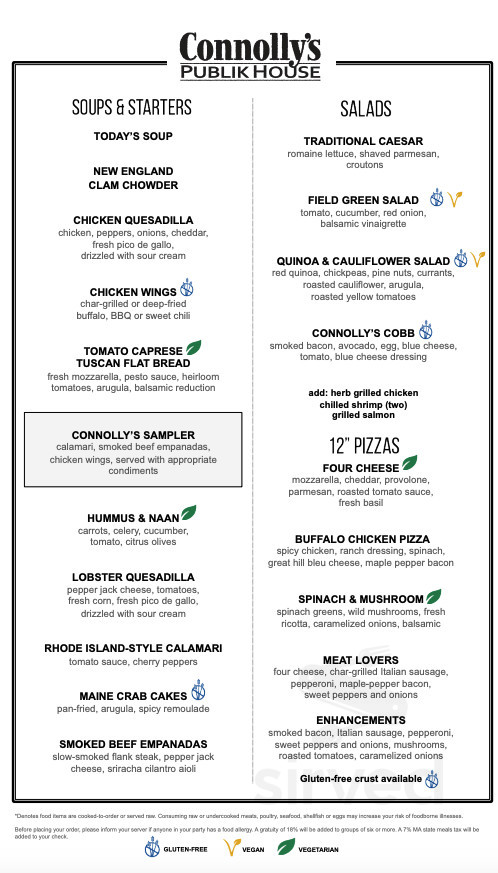 Menu for Connolly's Publik House in Boston, MA | Sirved