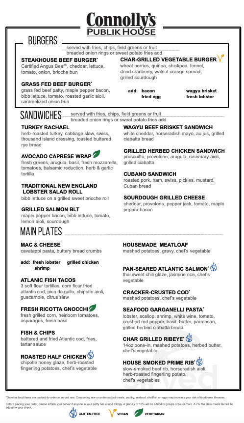 Connolly's Publik House menus in Boston, Massachusetts, United States