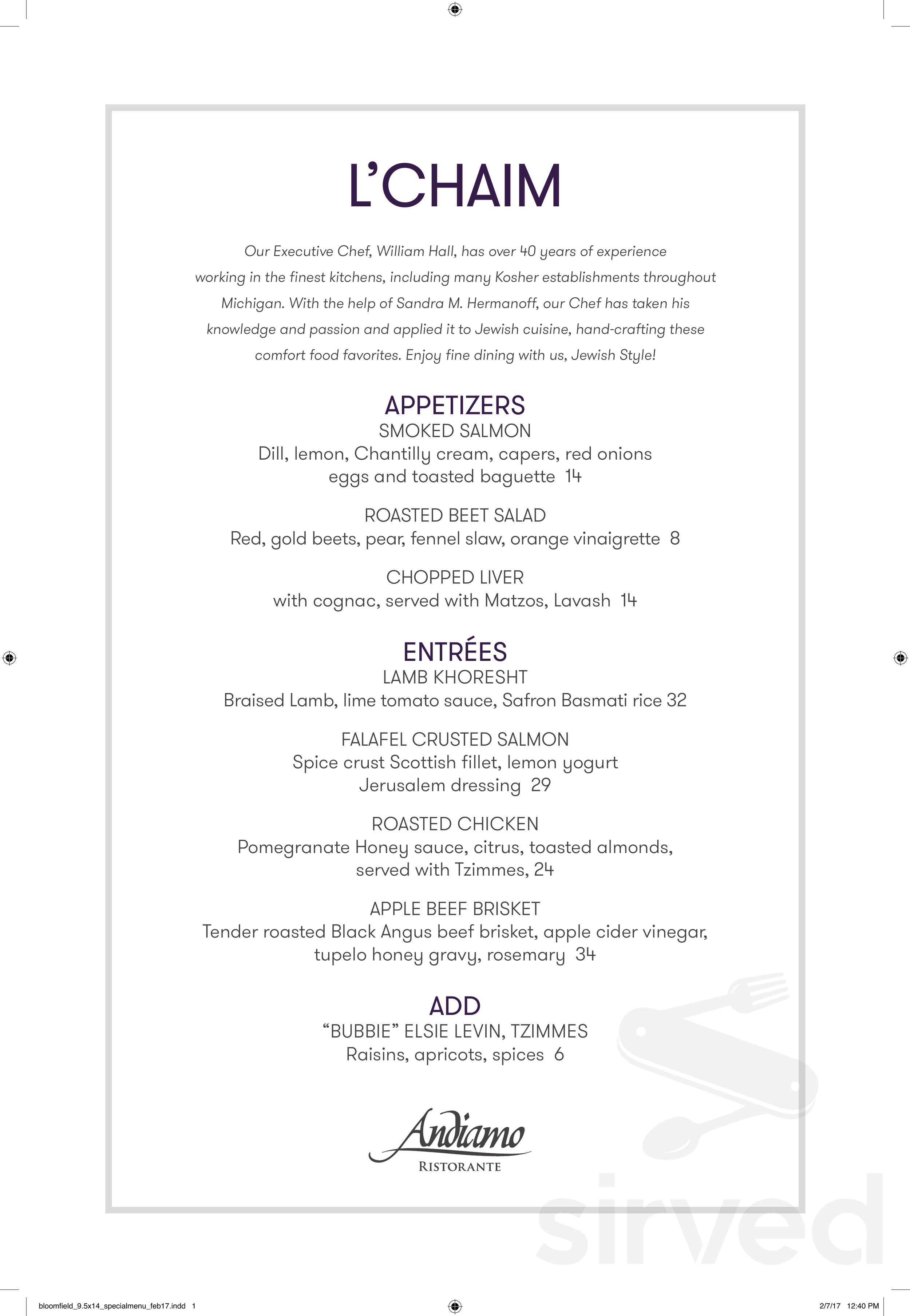 Menu - Bloomfield Twp MI's Andiamo Bloomfield Township | Sirved