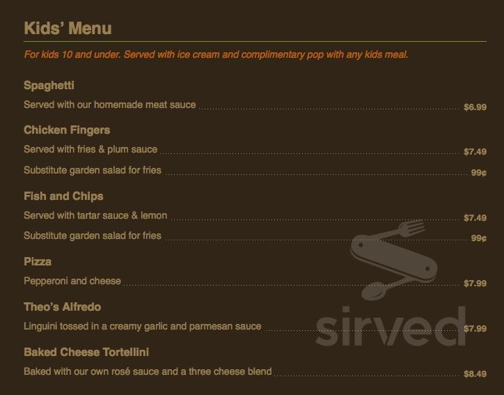 Theo's Eatery menu in Orillia, Ontario, Canada