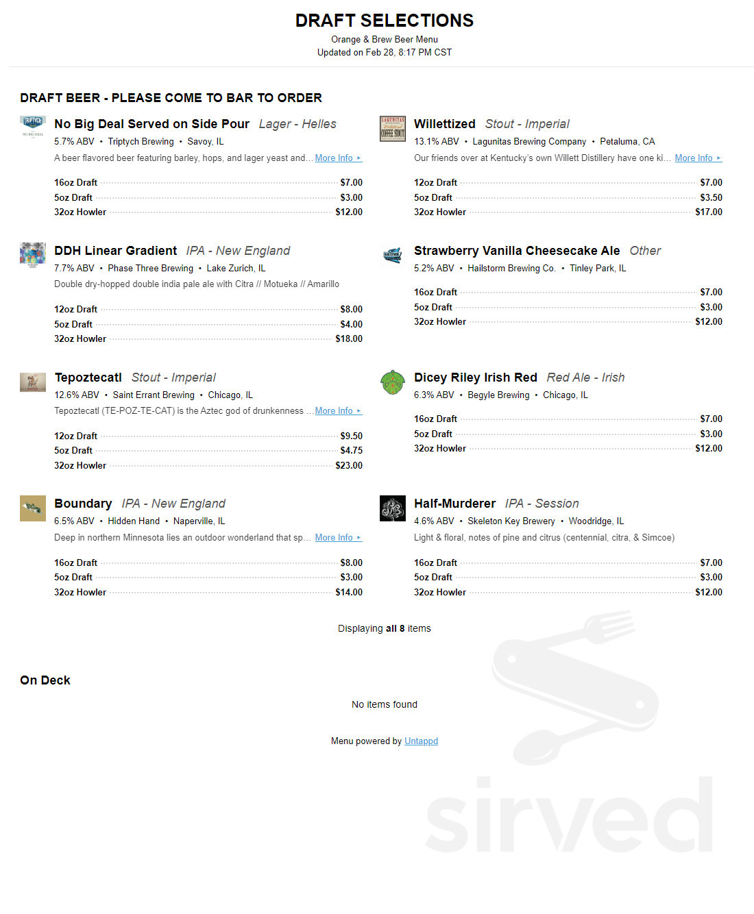 Orange & Brew Bottle Shop and Tap Room menu in Downers Grove, Illinois, USA