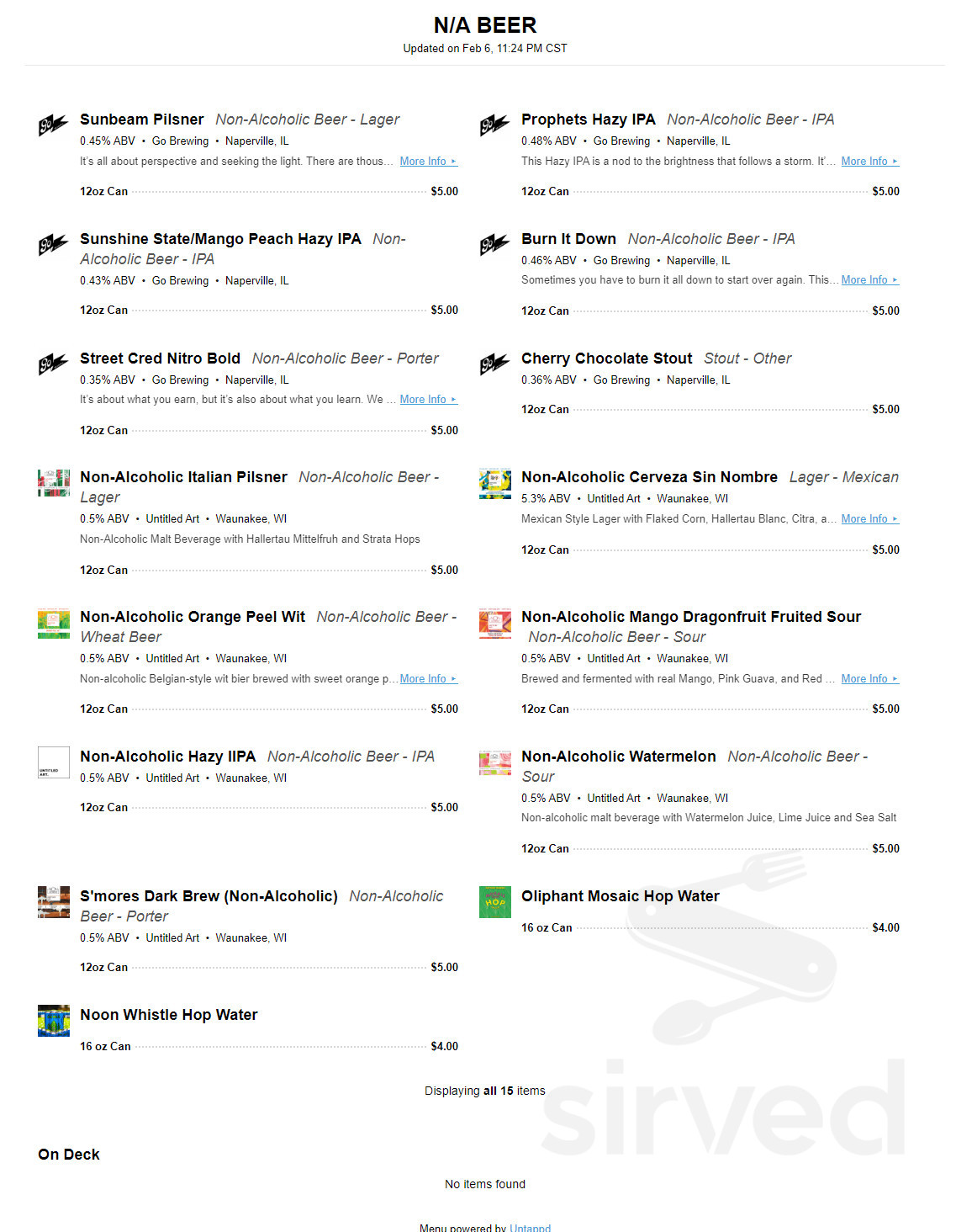 Orange & Brew Bottle Shop and Tap Room menu in Downers Grove, Illinois, USA