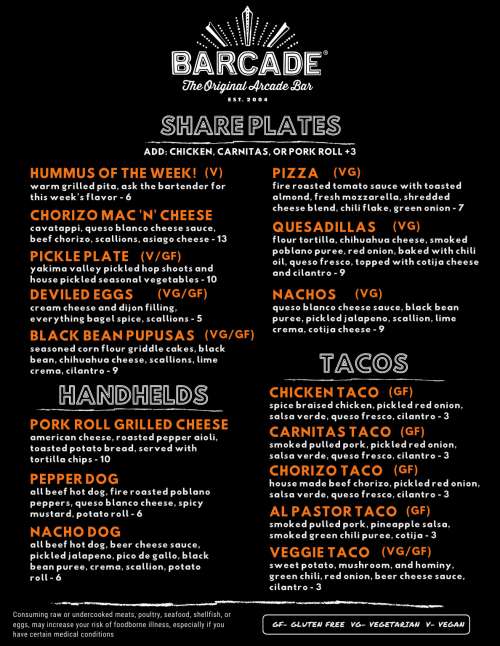Barcade menu in Philadelphia, Pennsylvania, USA