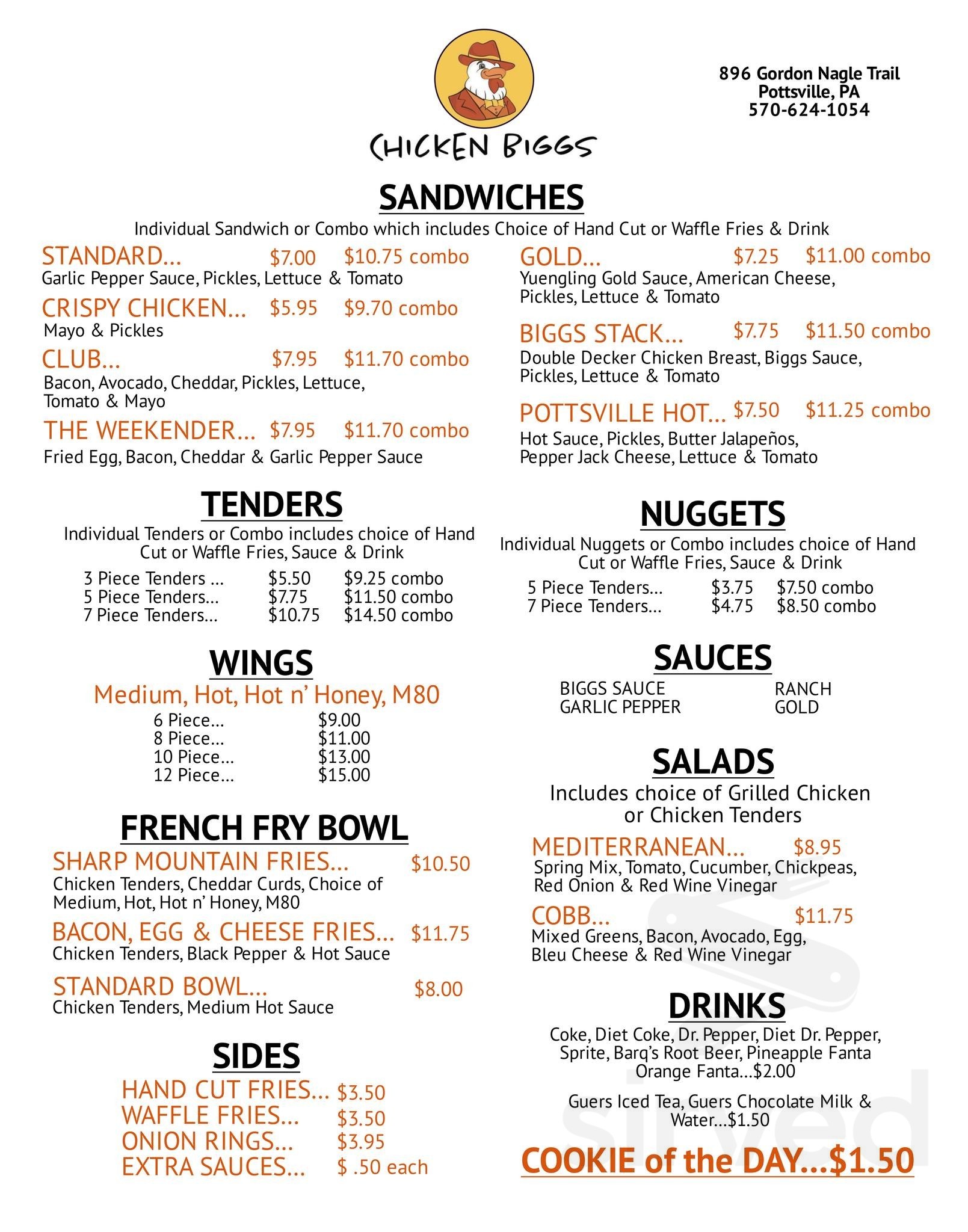 Chicken Biggs menu in Pottsville, Pennsylvania, USA