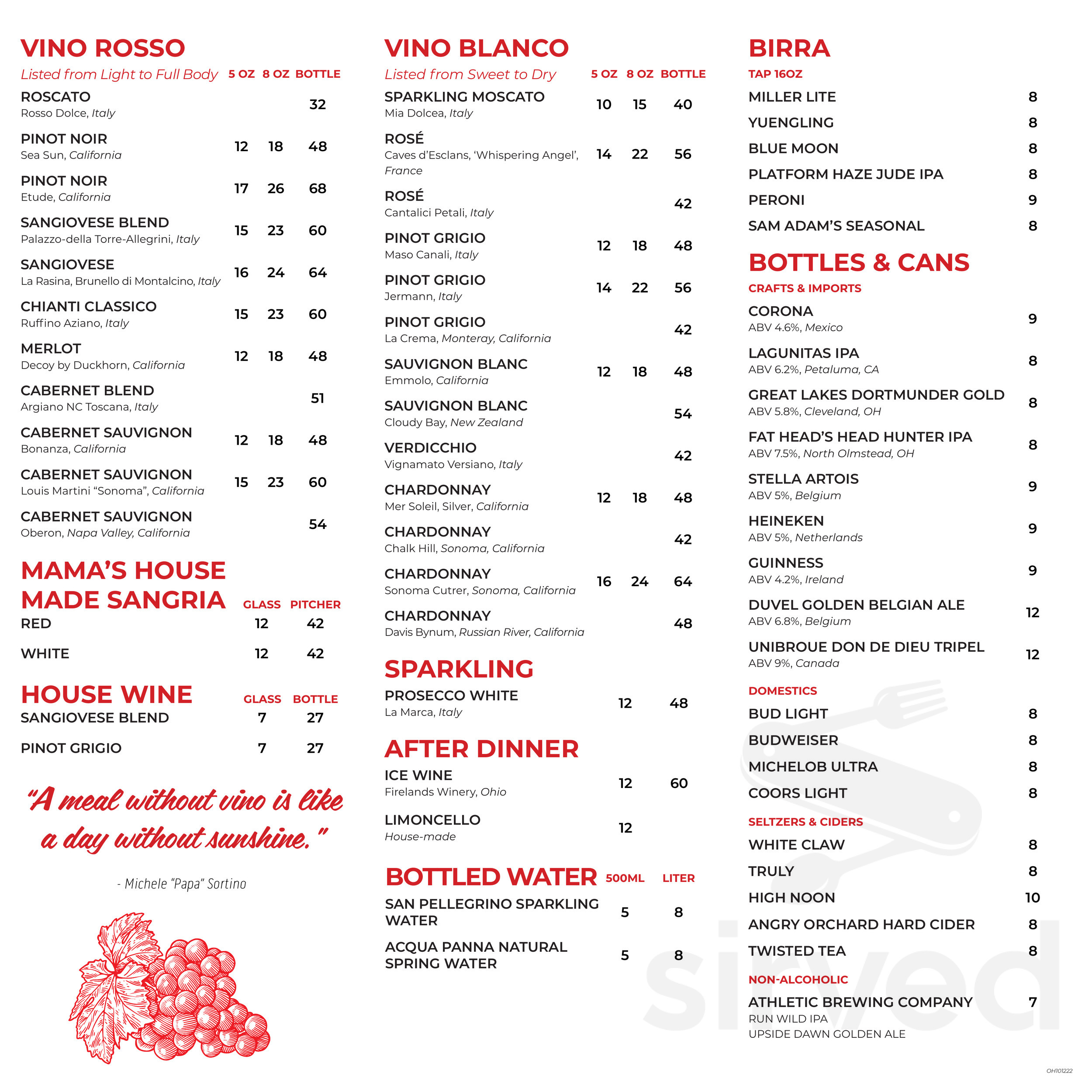 Sortino's Italian Kitchen menu in Sandusky, Ohio, USA