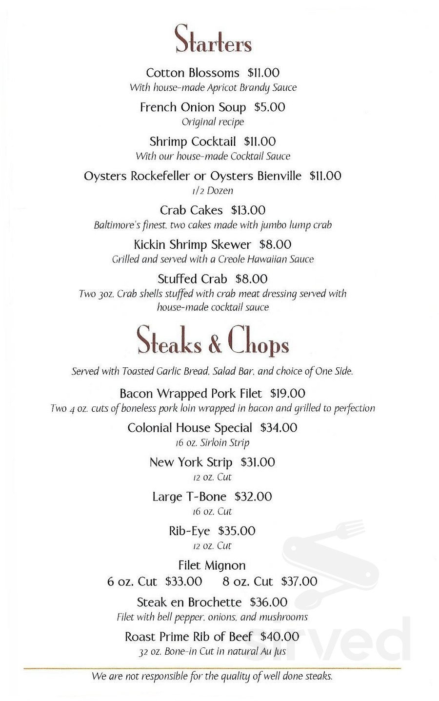 Colonial Steak House menus in Pine Bluff, Arkansas, United States