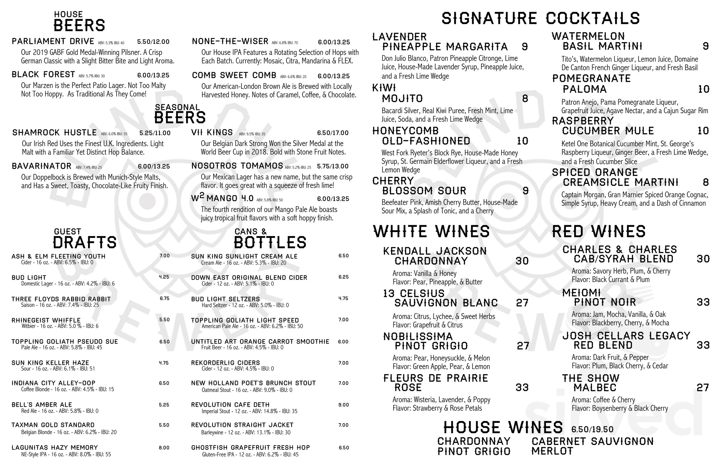 Menu for Blind Owl Brewery in Indianapolis, IN | Sirved