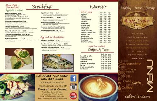 Cafe Valer menu in West Covina, California, USA