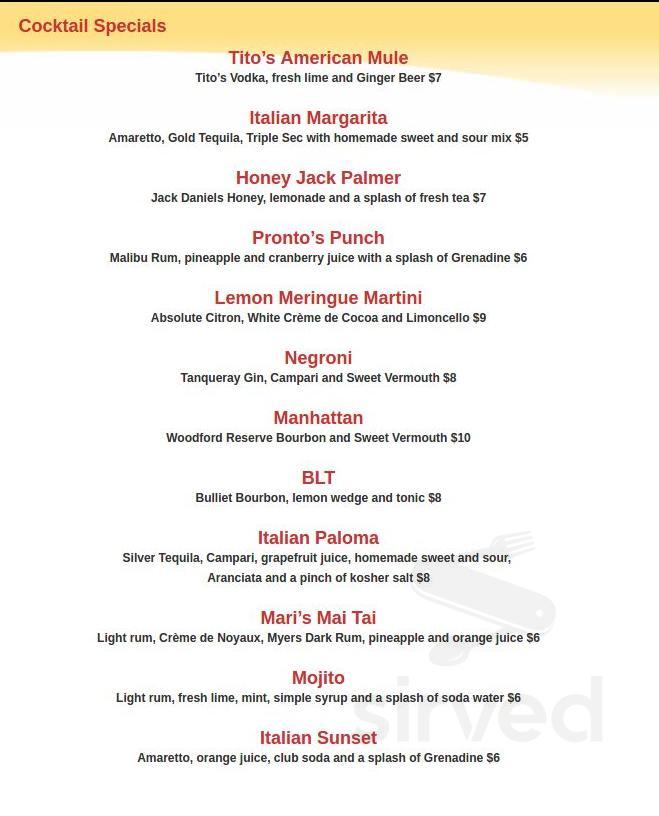 Pronto's menu in Glendale Heights, Illinois, USA