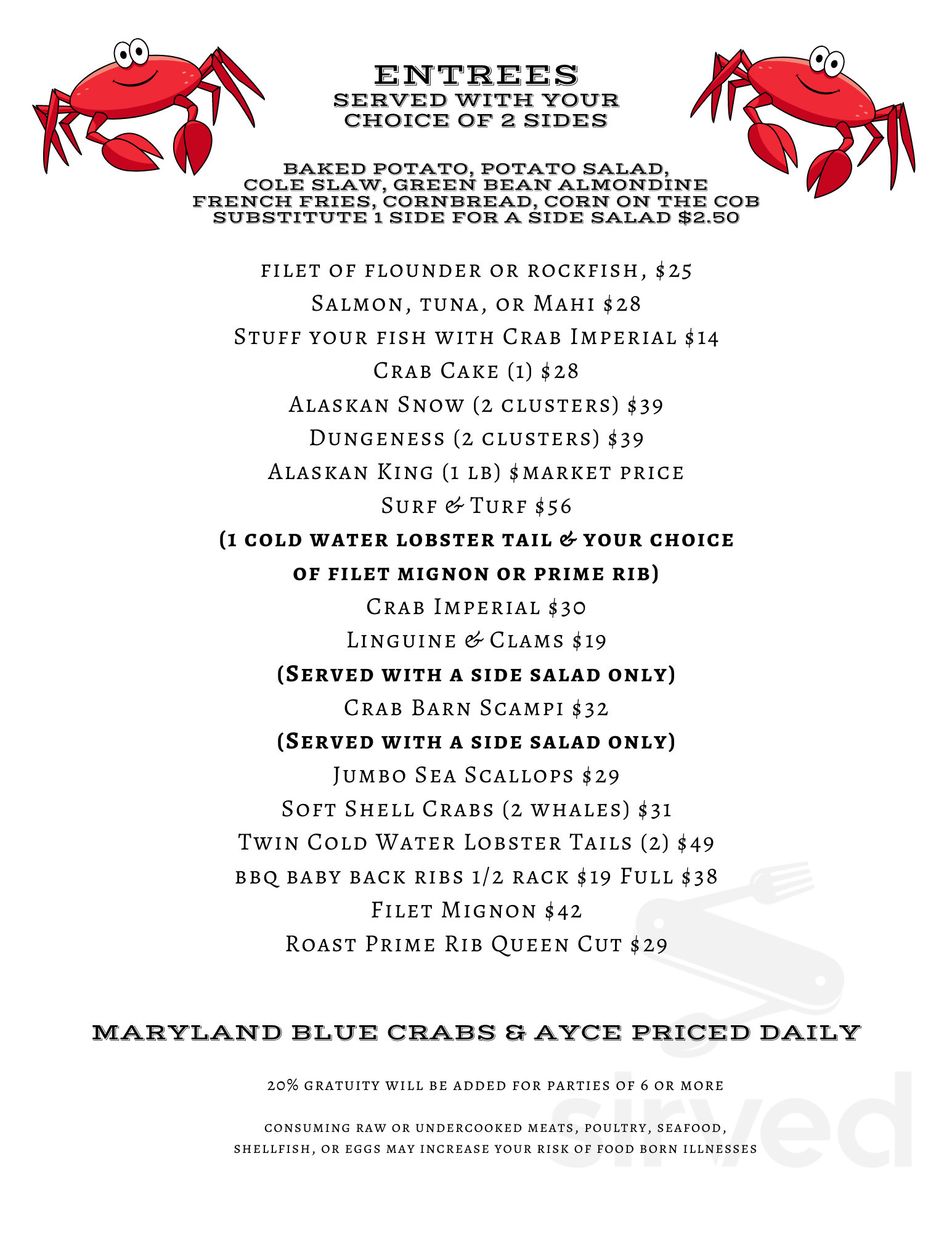 Crab Barn Restaurant and Lounge menu in Millsboro, Delaware, USA