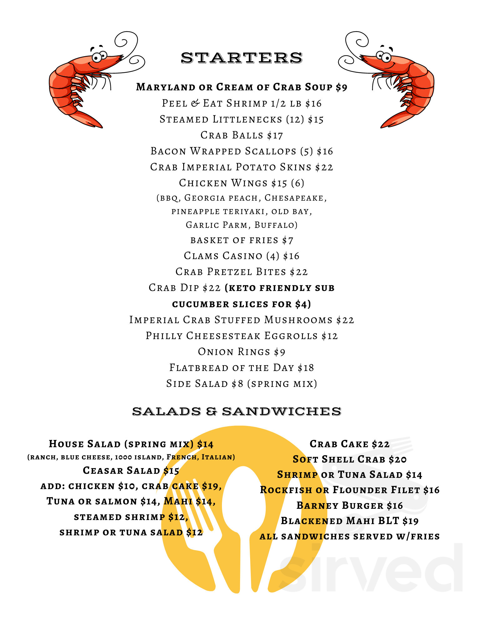 Crab Barn Restaurant and Lounge menu in Millsboro, Delaware, USA