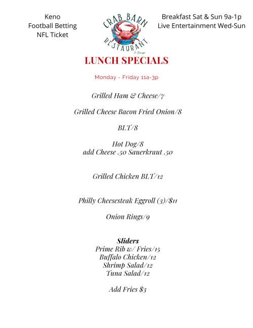 Crab Barn Restaurant and Lounge menu in Millsboro, Delaware, USA