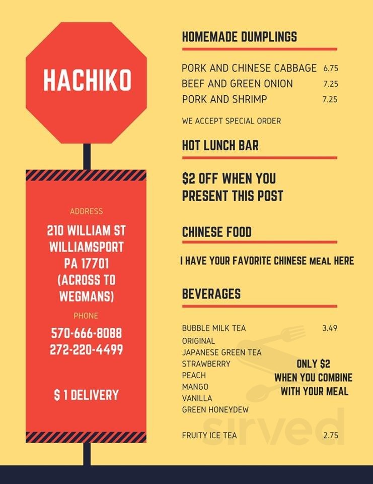 Hachiko Asian Cuisine menu in Williamsport, Pennsylvania, USA
