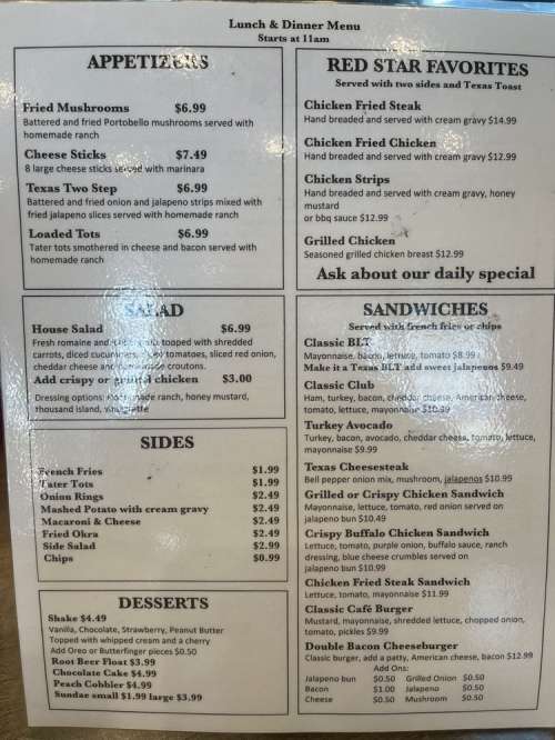Red Star Cafe menu in Eastland, Texas, USA
