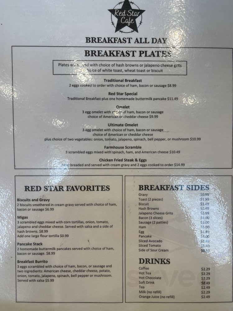 Menu for Red Star Cafe in Eastland, TX | Sirved