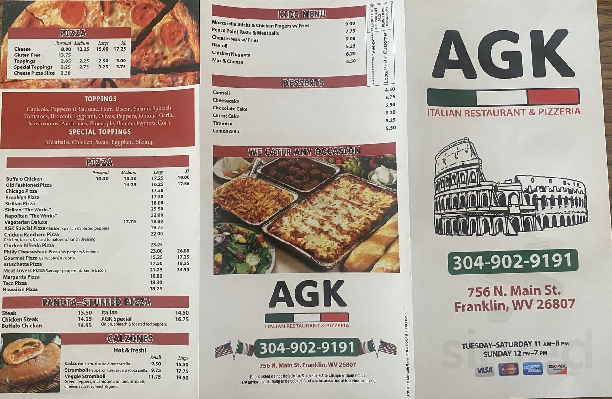 AGK ITALIAN RESTURANT & PIZZERIA menu in Franklin, West Virginia, USA