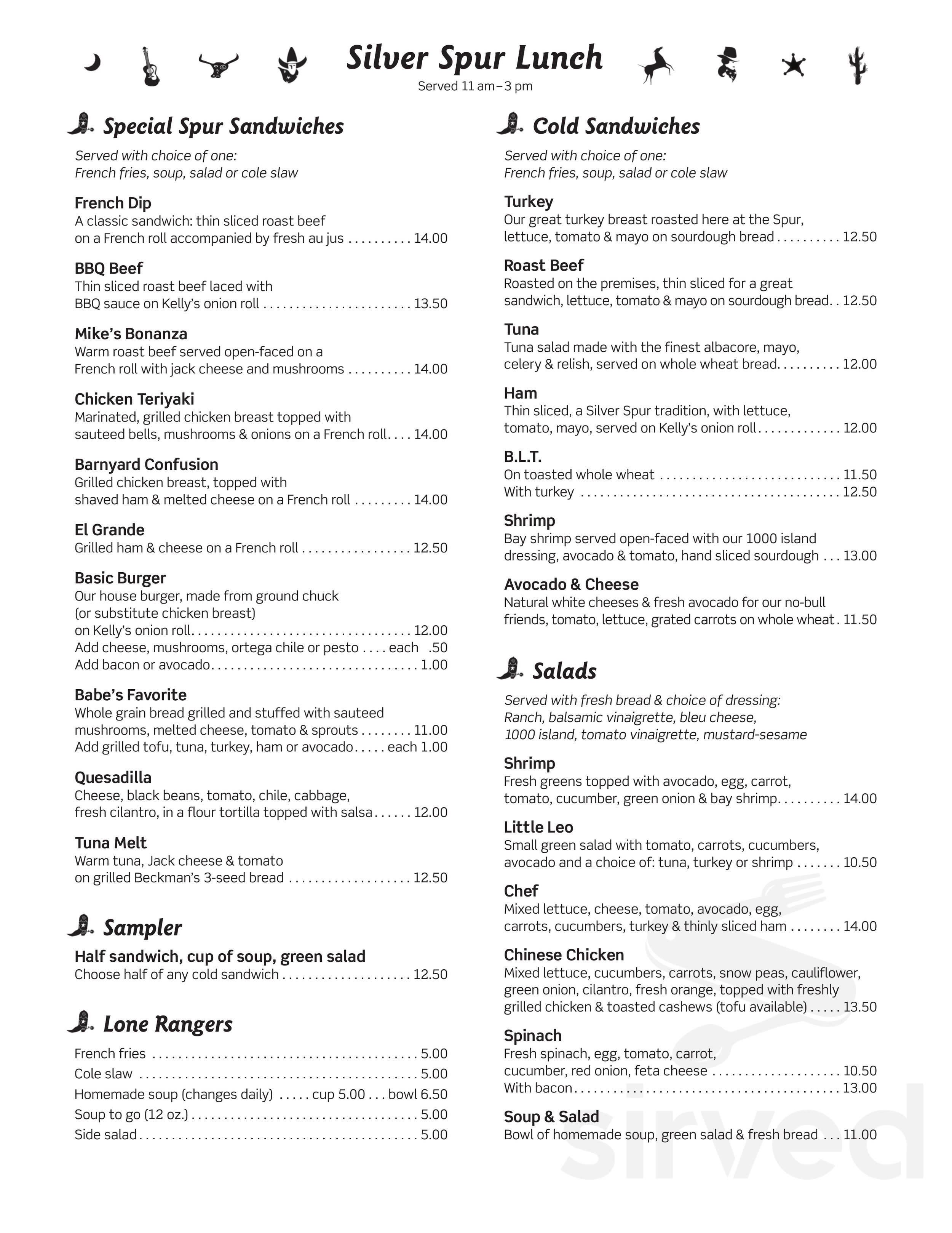 Silver Spur menu in Santa Cruz, California, USA