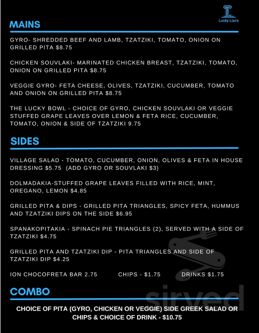 Lucky Lou's Portland menu in Saco, Maine, USA