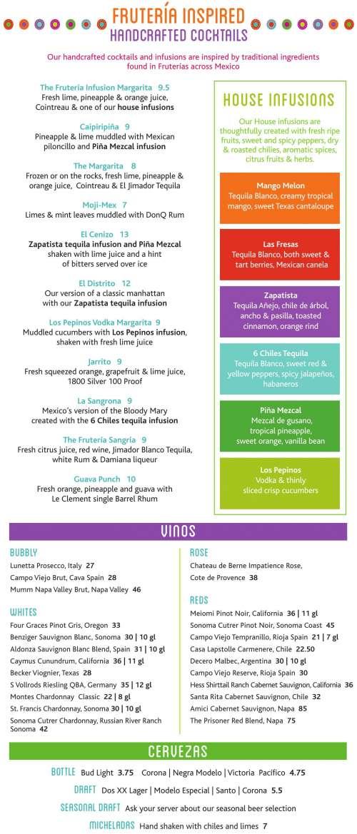 The Fruteria menu in San Antonio, Texas, USA