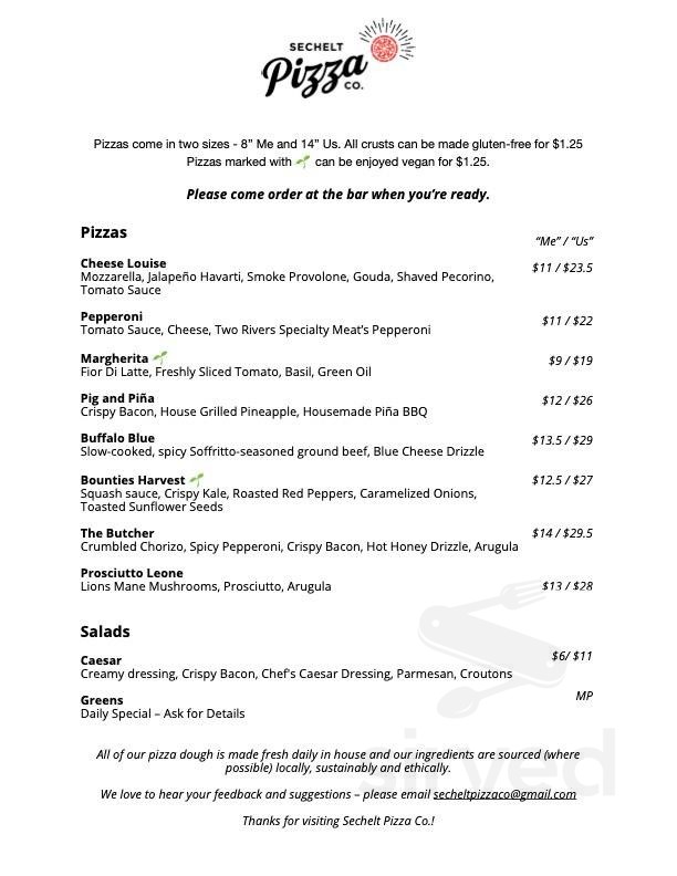 Sechelt Pizza Co. menu in Sechelt, British Columbia, Canada