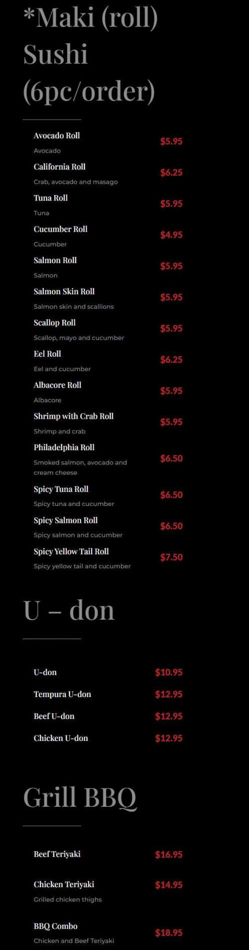 Koi Koi Sushi and Roll menu in Falls Church, Virginia, USA