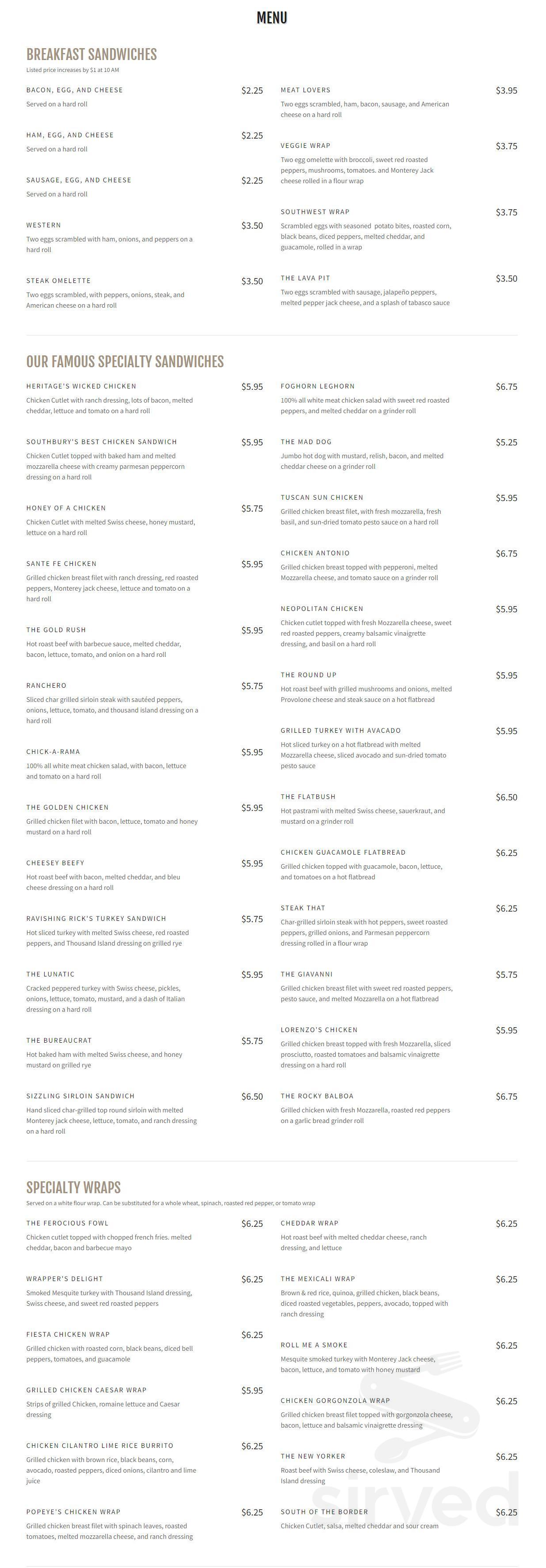 Heritage Deli & Cafe menu in Southbury, Connecticut, USA