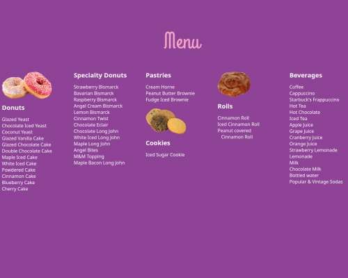 Royal Donut menu in Tyler, Texas, USA