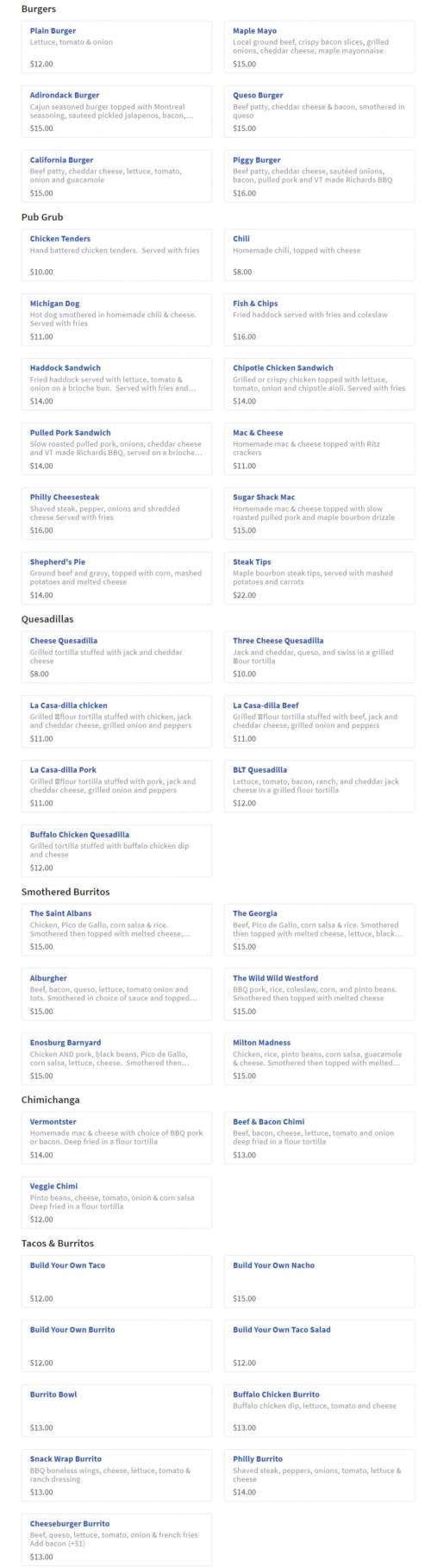 Nelly's Pub & Grill menu in St Albans City, Vermont, USA