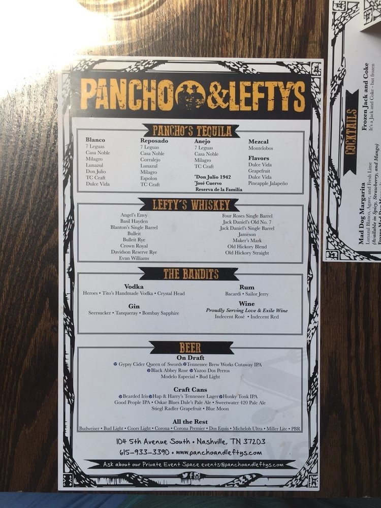 Menu - Nashville TN's Pancho & Lefty's Cantina | Sirved