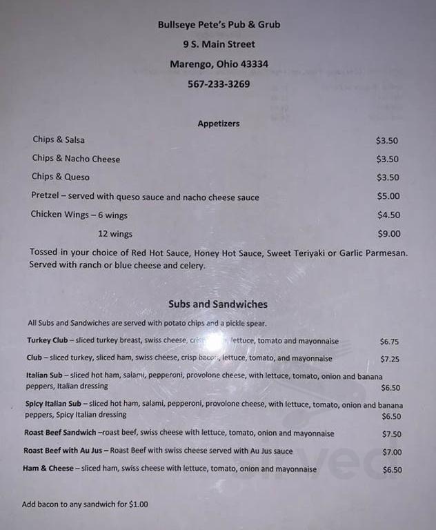 Menu for Bullseye Pete's Pub & Grub in Marengo, OH | Sirved