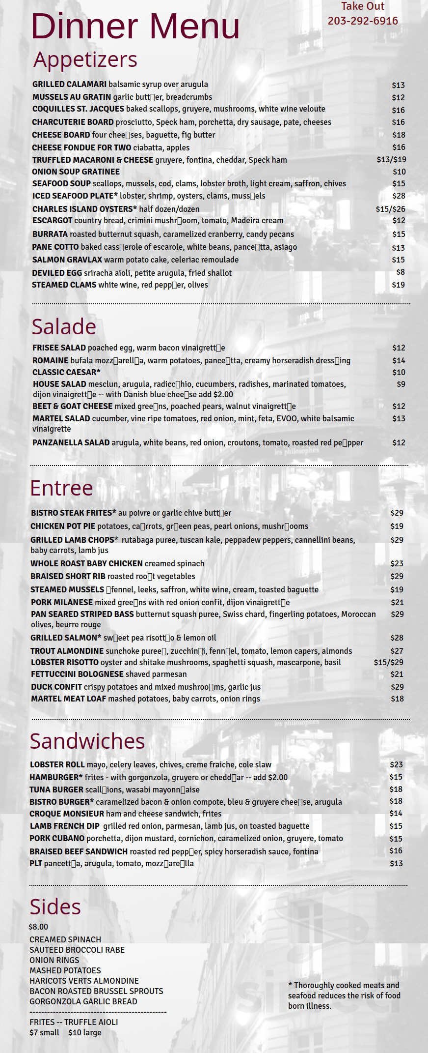 Menu for Martel Bistro & Bar in Fairfield, CT | Sirved