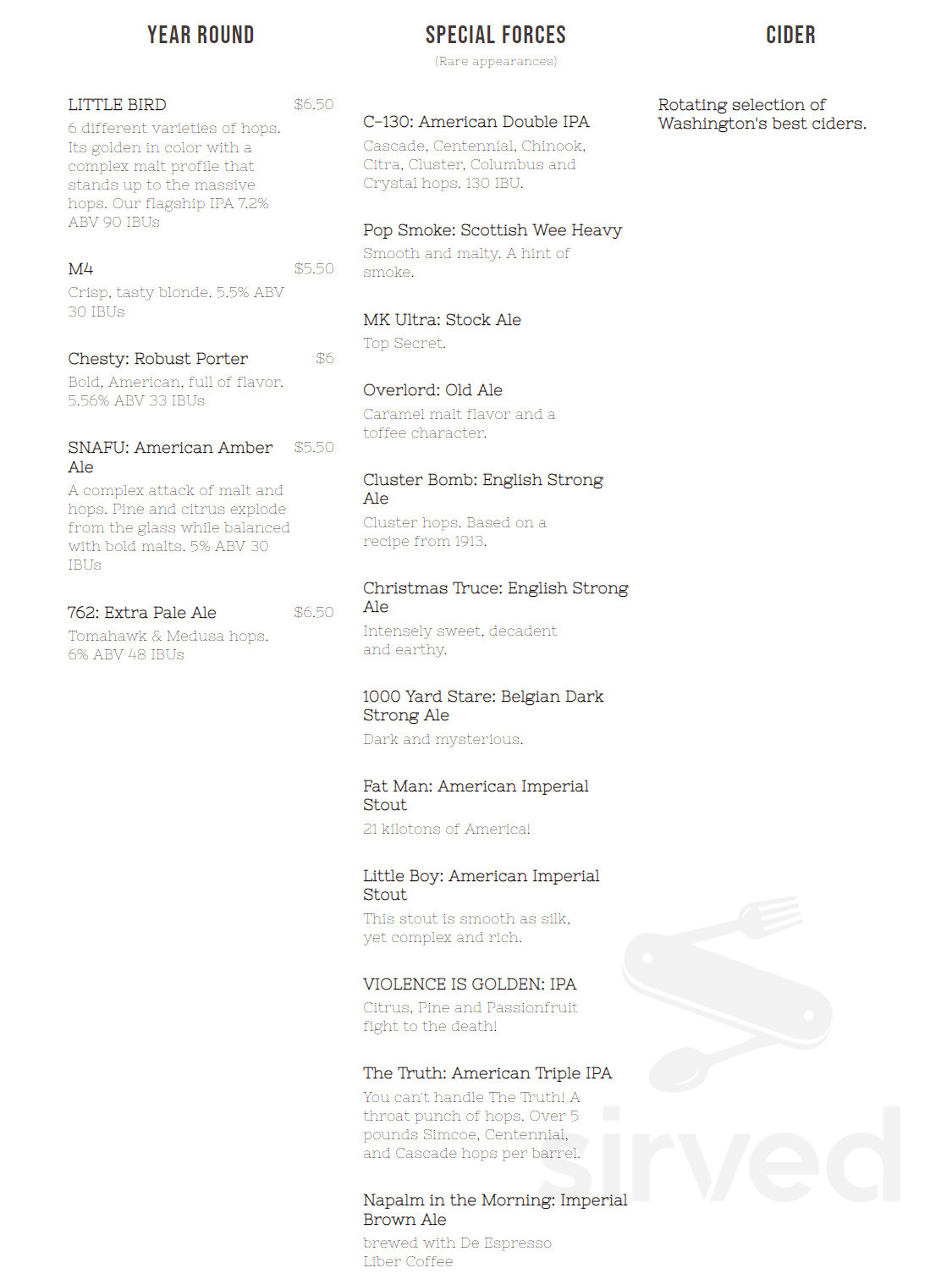 FOB Forward Operating Base Brewing Company menu in DuPont, Washington, USA