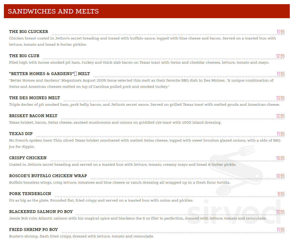 Jethro's BBQ ‘n Jambalaya menu in West Des Moines, Iowa, USA