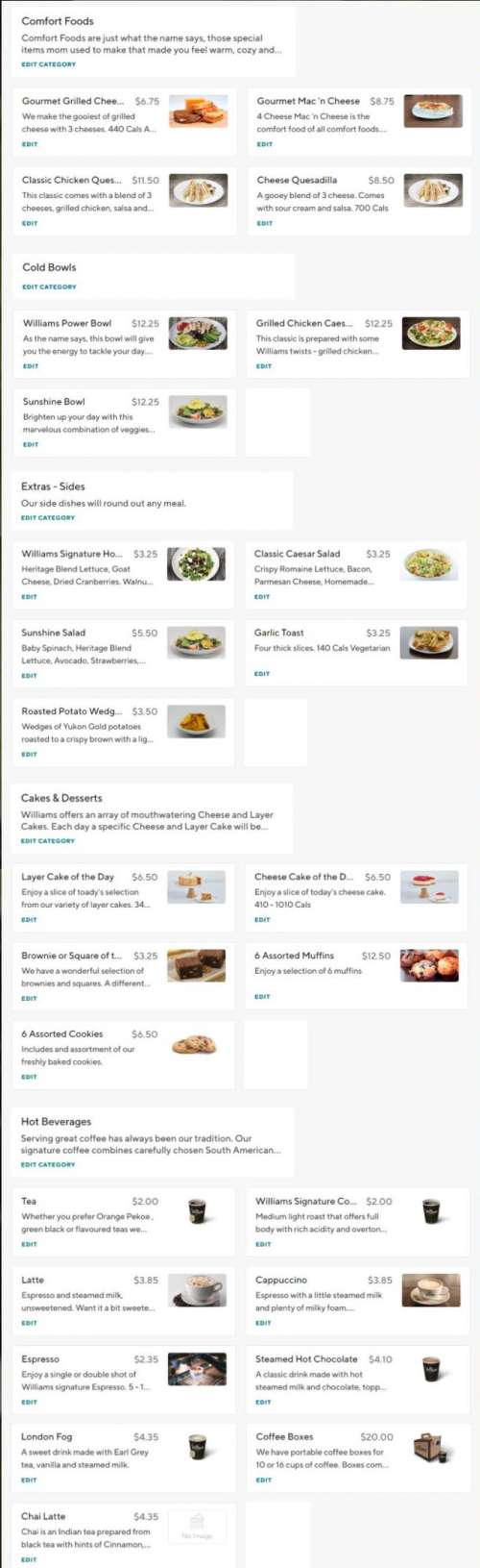 Williams Fresh Cafe menu in Waterloo, Ontario, Canada