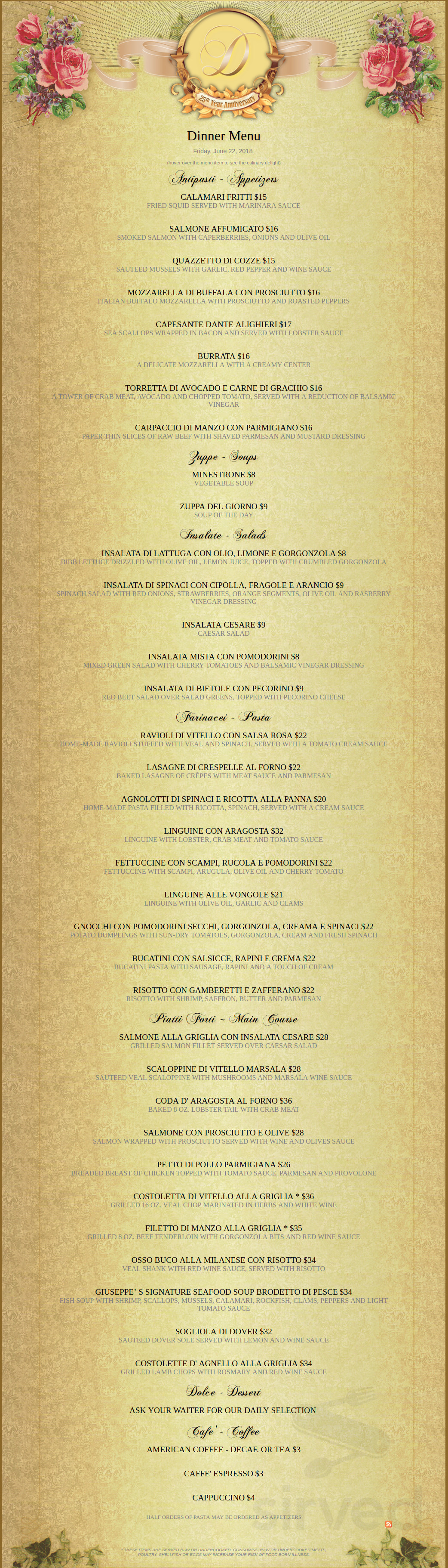 Dante Ristorante menu in Great Falls, Virginia, USA