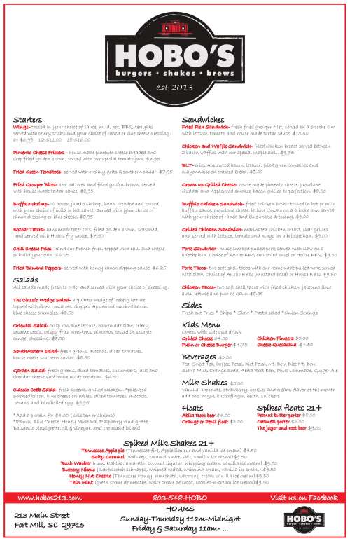 Hobo's menu in Rock Hill, South Carolina, USA