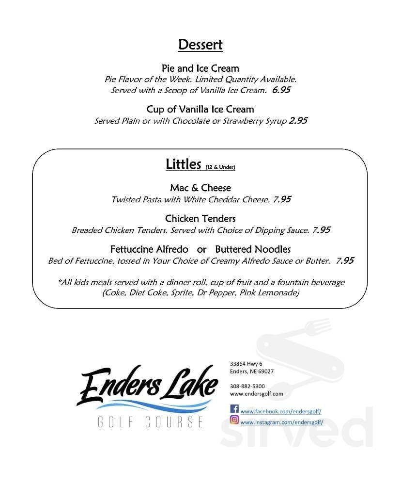 Menu - Enders NE's Enders Lake Golf Course | Sirved