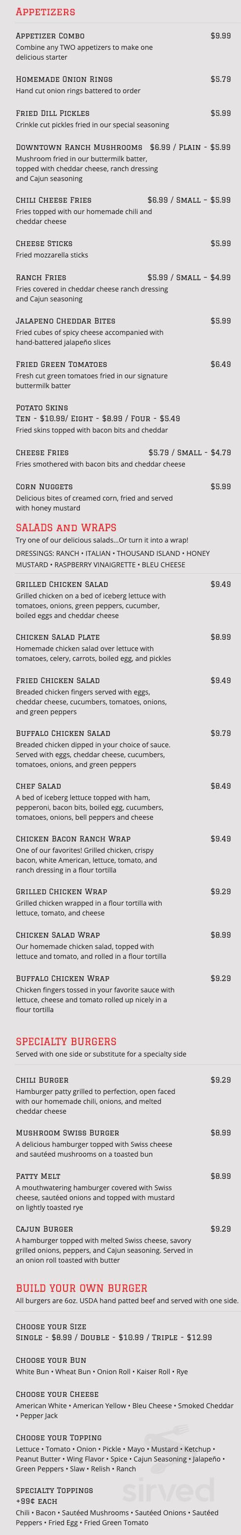 The Downtown Grill menu in Cullman, Alabama, USA